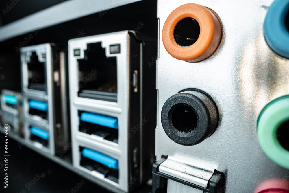 Ports and outputs at computer system unit macro ภาพถ่ายสต็อก | Adobe Stock