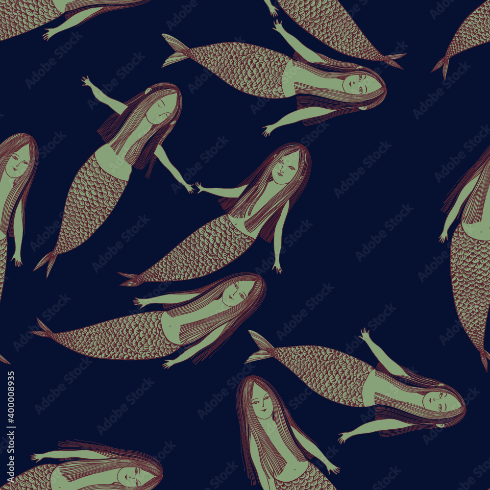 seamless wallpaper with mermaids. graphic illustration with beautiful ...