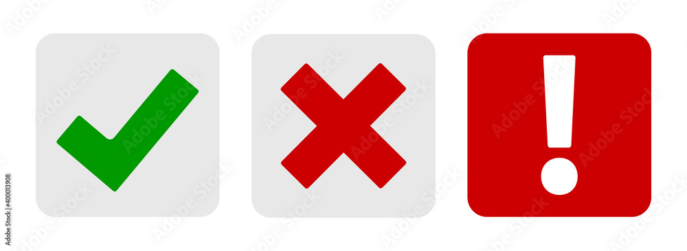 Collection Set of check mark, exclamation point, X mark icons buttons ...