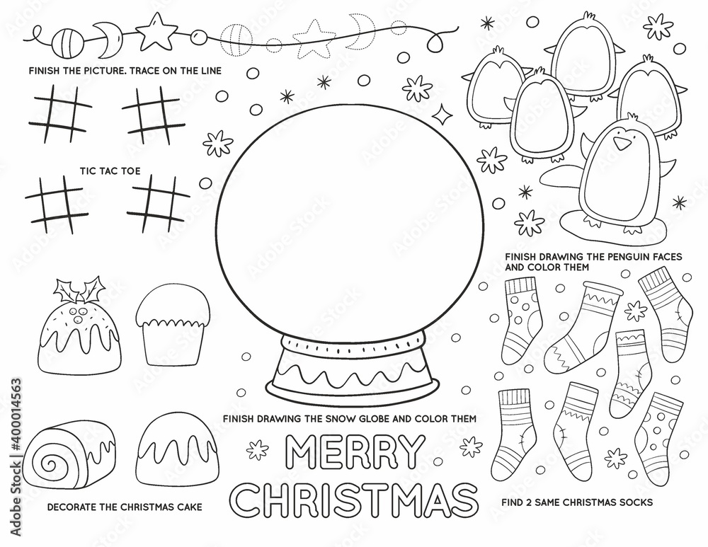 Christmas Printable for Christmas kids Party in doodle style. Christmas ...
