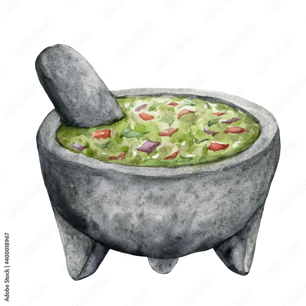 Watercolor kitchen composition of guacamole in ceramic bowl. Hand ...