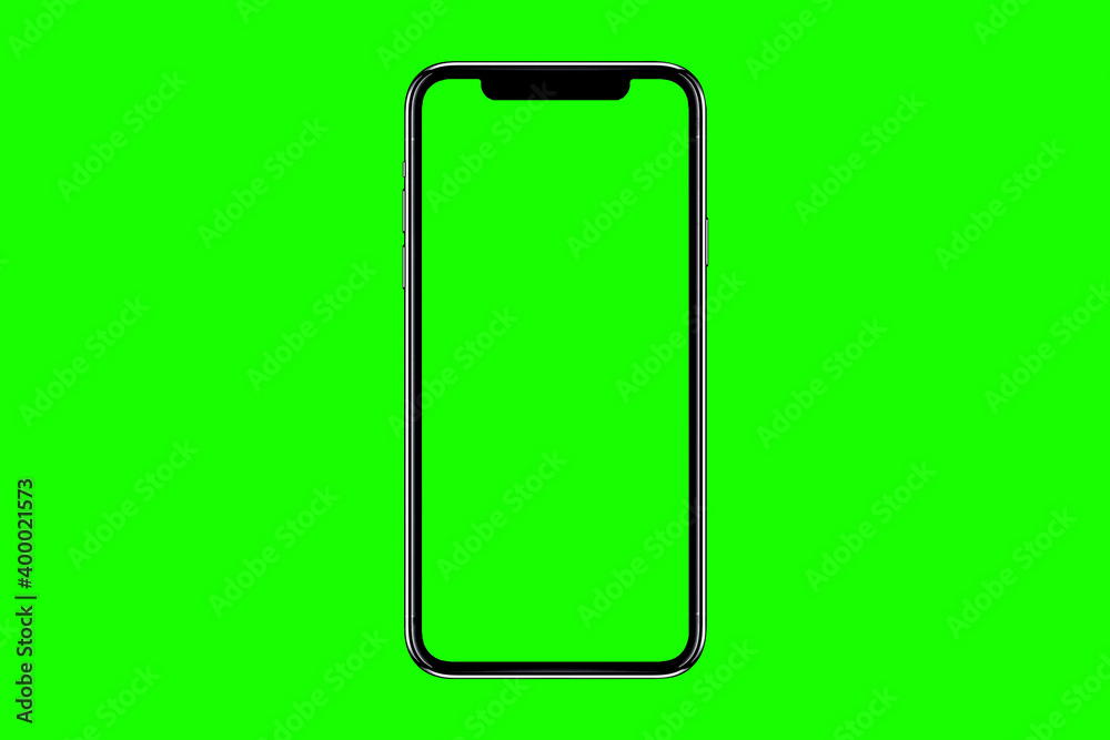 Mobile phone with round edges in Black color, with blank green screen ...