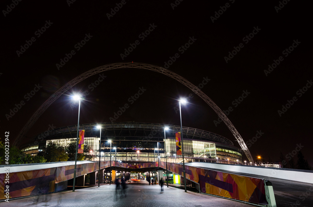 Wembley stadium at night. It's a football stadium in Wembley Park ...