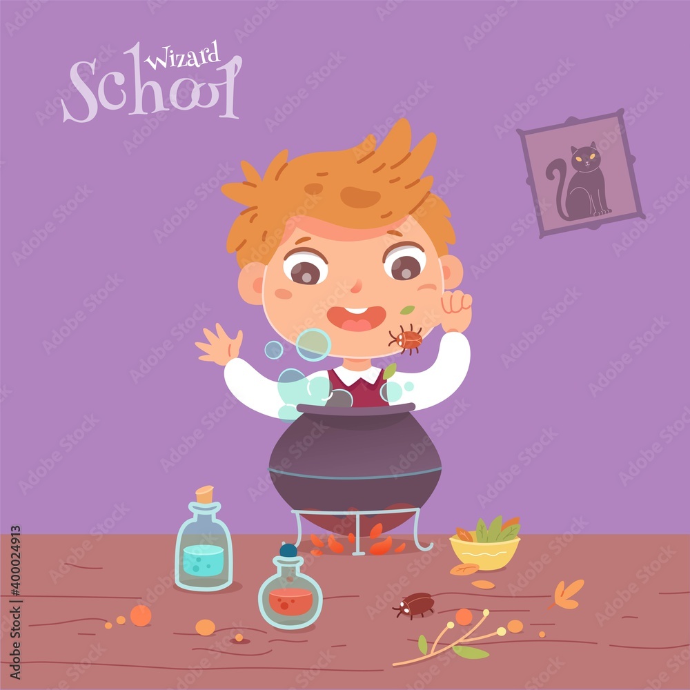 Kid in school of magic at class cooking potion. Boy with cauldron ...