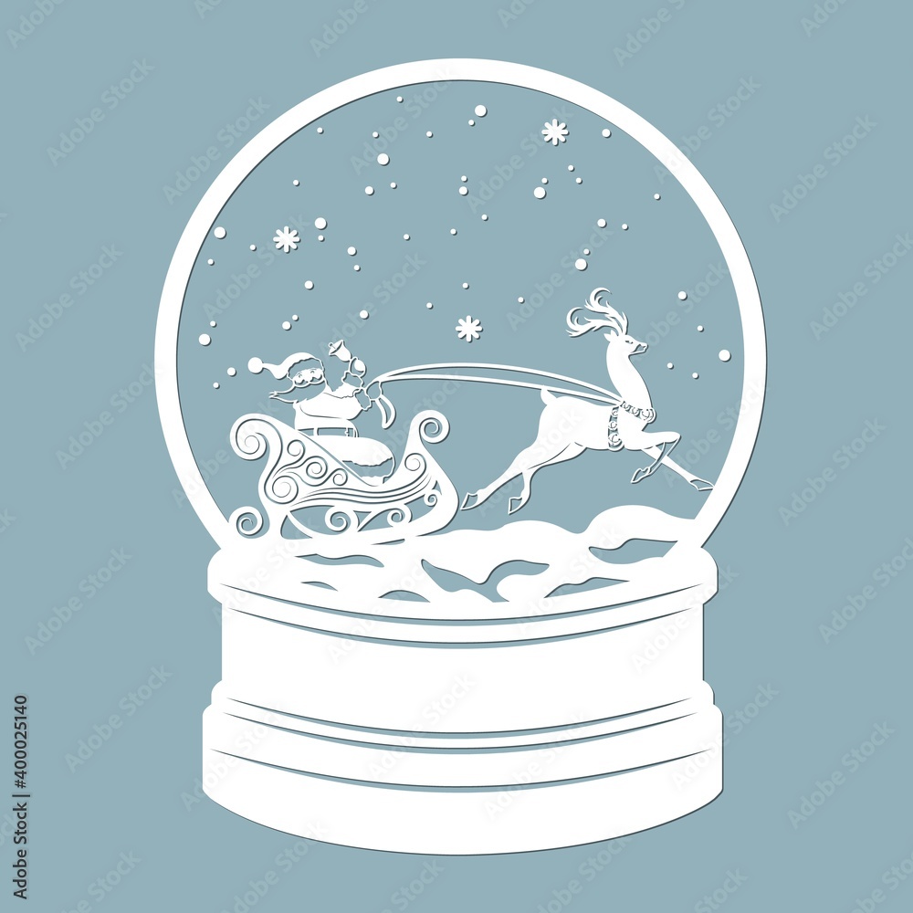 A snow globe, snow inside and a Christmas tree with santa claus ...