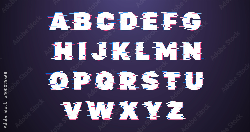 Set of vector fonts with glitch effect. English alphabet with bug ...