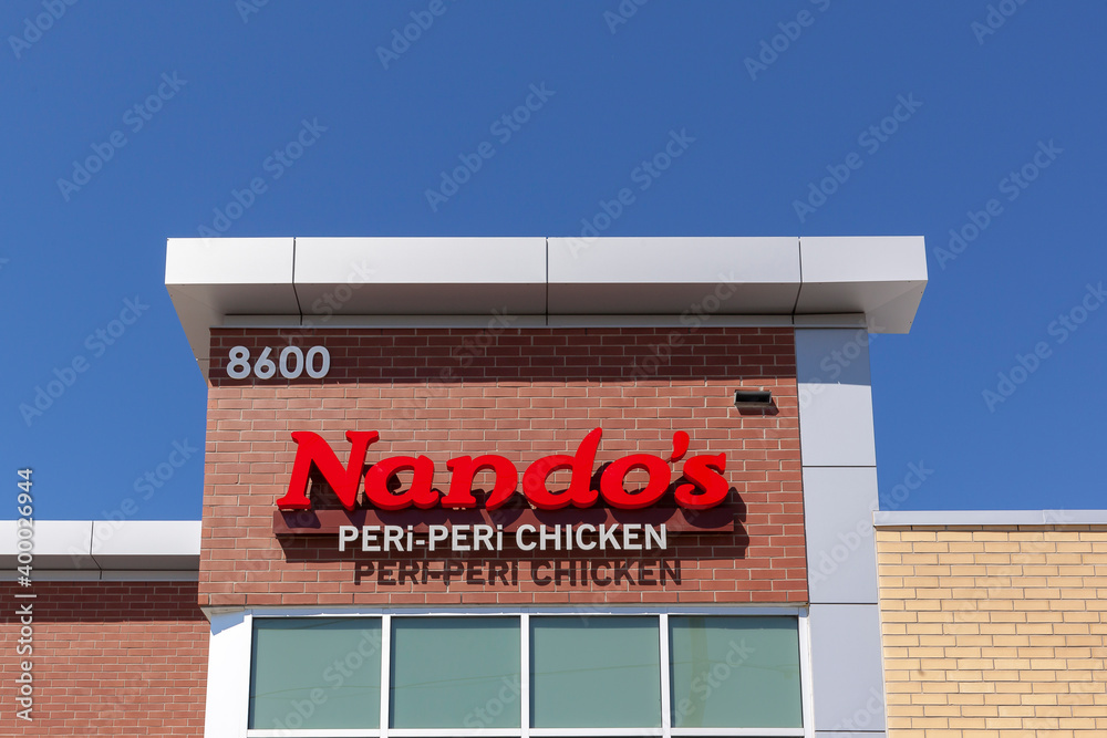 Markham, Ontario, Canada - May 20, 2020: Nando's restaurant sign on the ...