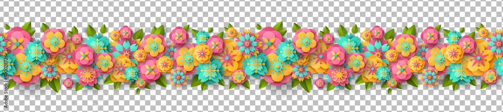 Spring seamless border with paper cut flowers and leaves isolated on ...