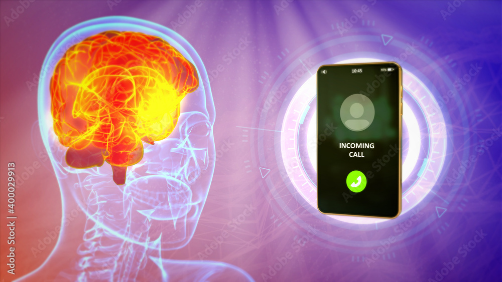 x-ray human head image with calling mobile phone, brain harm by ...