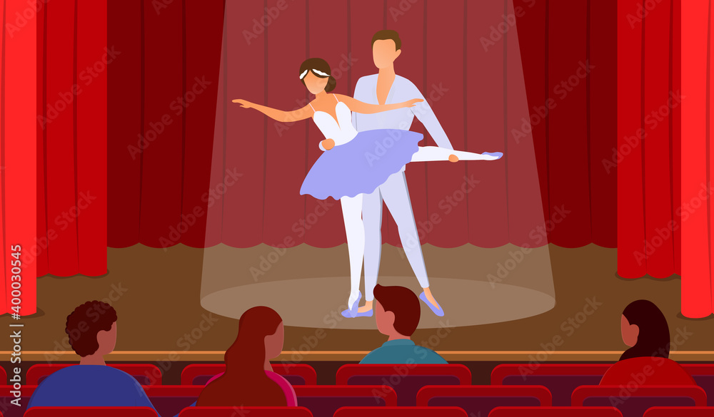 Young male and female ballet dancers performing on stage. Ballerina ...