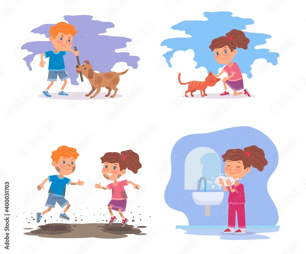 Good children versus bad kids set. Angry boy playing with dog, girl ...