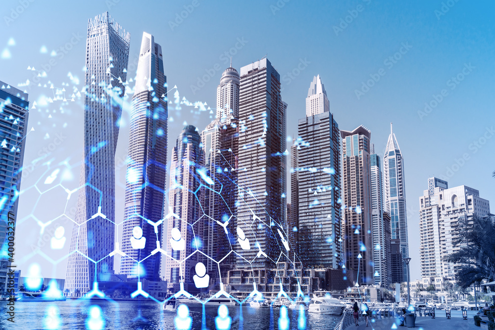 Skyscrapers of Dubai business downtown. International hub of trading ...