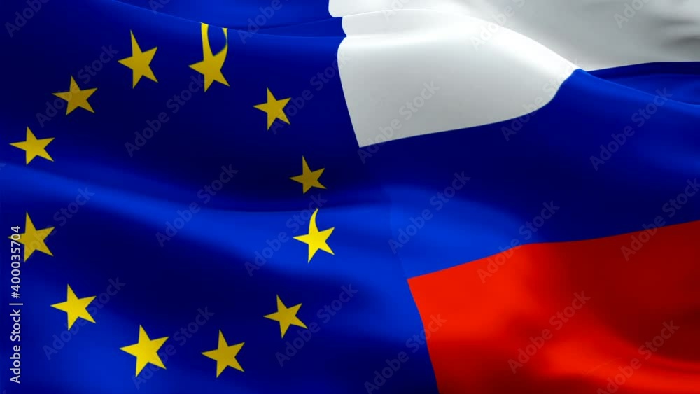 Euro and Russian flag waving video in wind footage Full HD. Euro vs ...