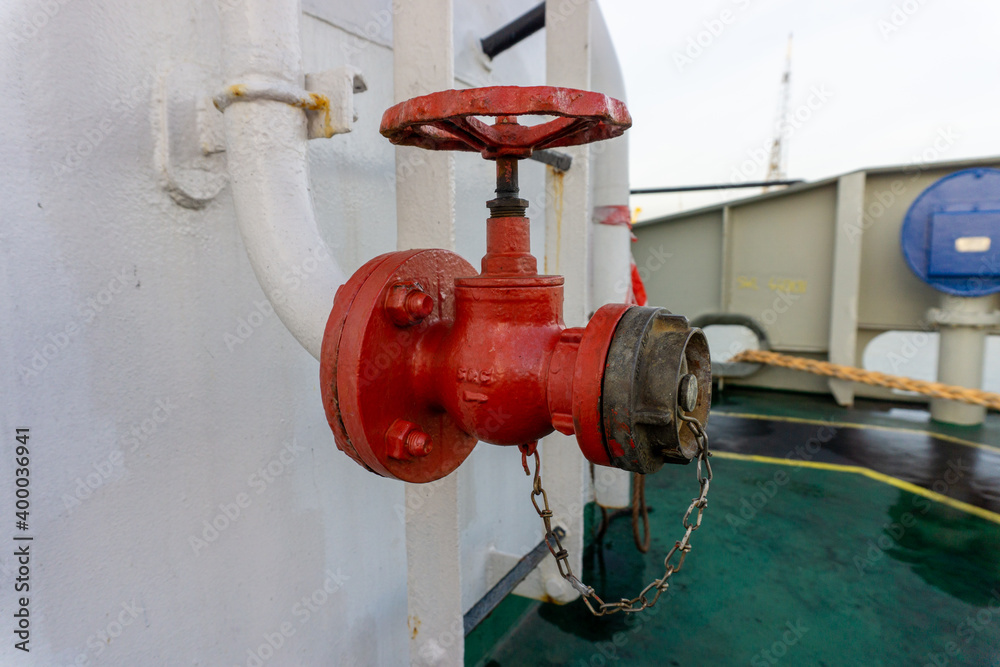 Fire hydrant on board the ship. Fire hydrant on bow of offshore vessel ...