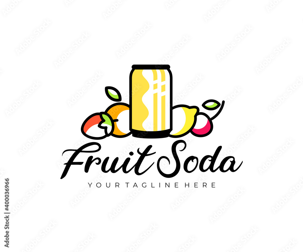 Can of fruit soda, fruit, strawberry, orange, lemon and cherry, logo ...