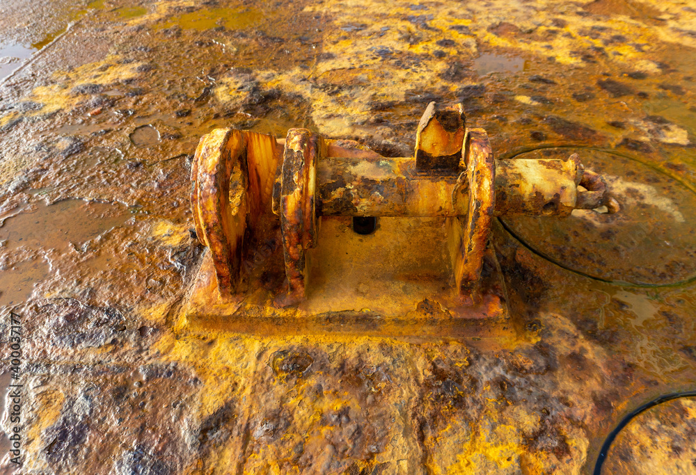 Smit bracket, used on barge for connecting bridle. Rusty old barge and ...