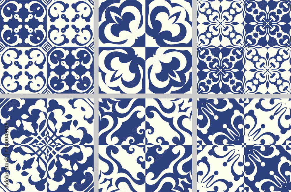Set of Indigo blue flower azulejos lisbon patterns. Floor tile oriental ...