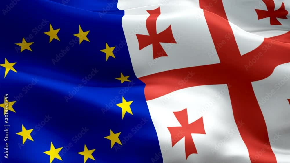 Euro and Georgian flag waving video in wind footage Full HD. Euro vs ...