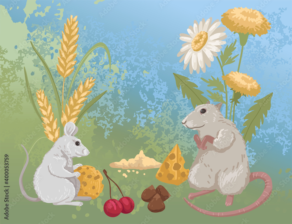 Field mouse and rat, rodents and their food, food in nature. Cartoon ...