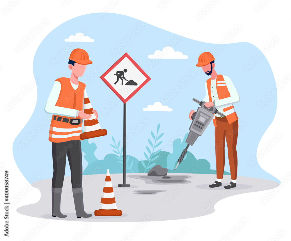 Two male road workers repairing asphalt. Concept of urban city ...