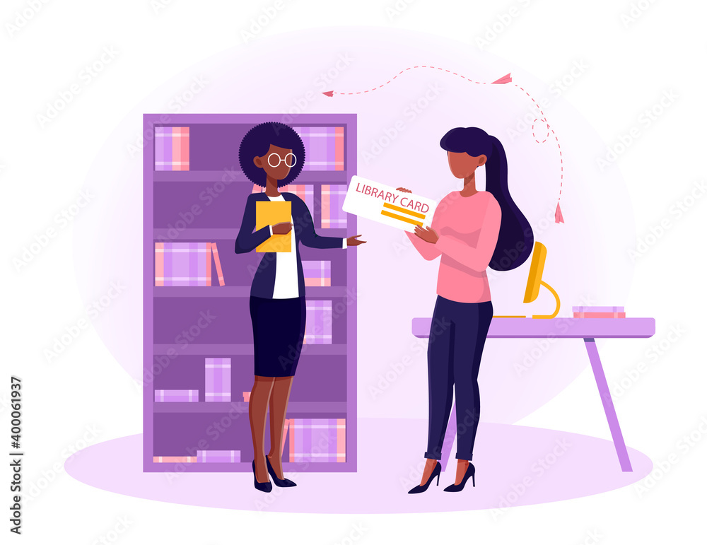 Female librarian giving woman a library card. Concept of librarian card ...
