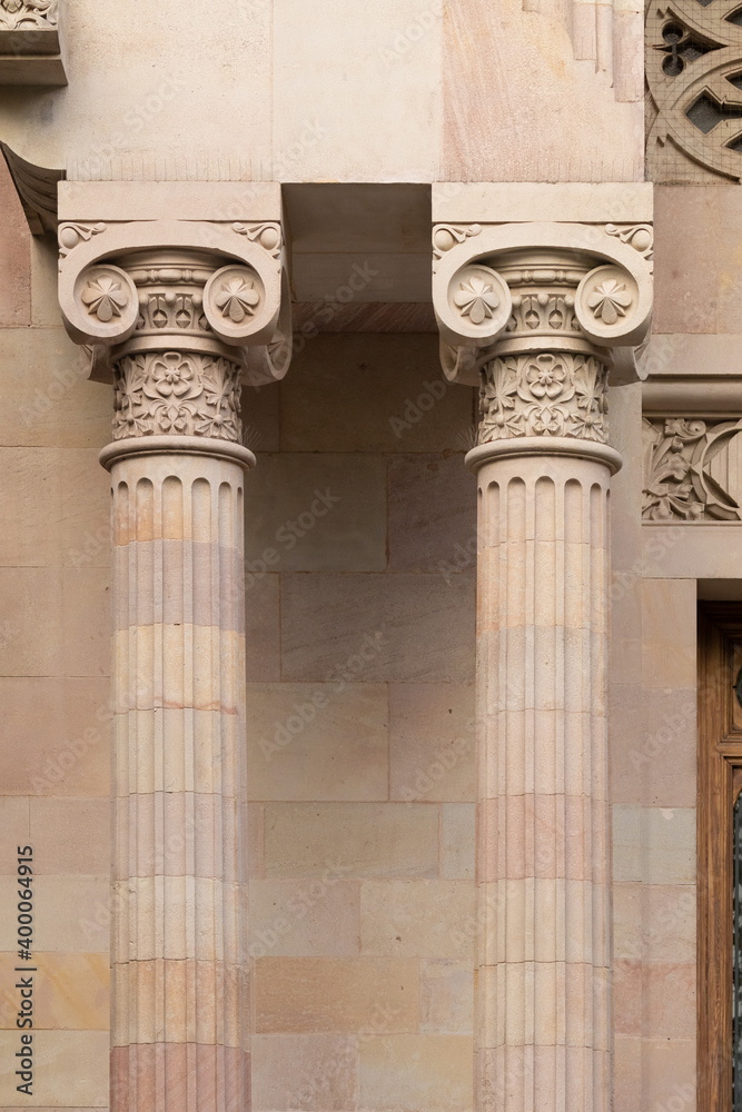 Elements of architectural decorations of buildings, columns and tops ...