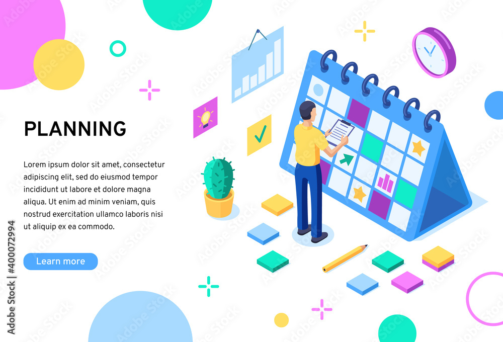 Planning isometric concept illustration for website landing page. Man ...