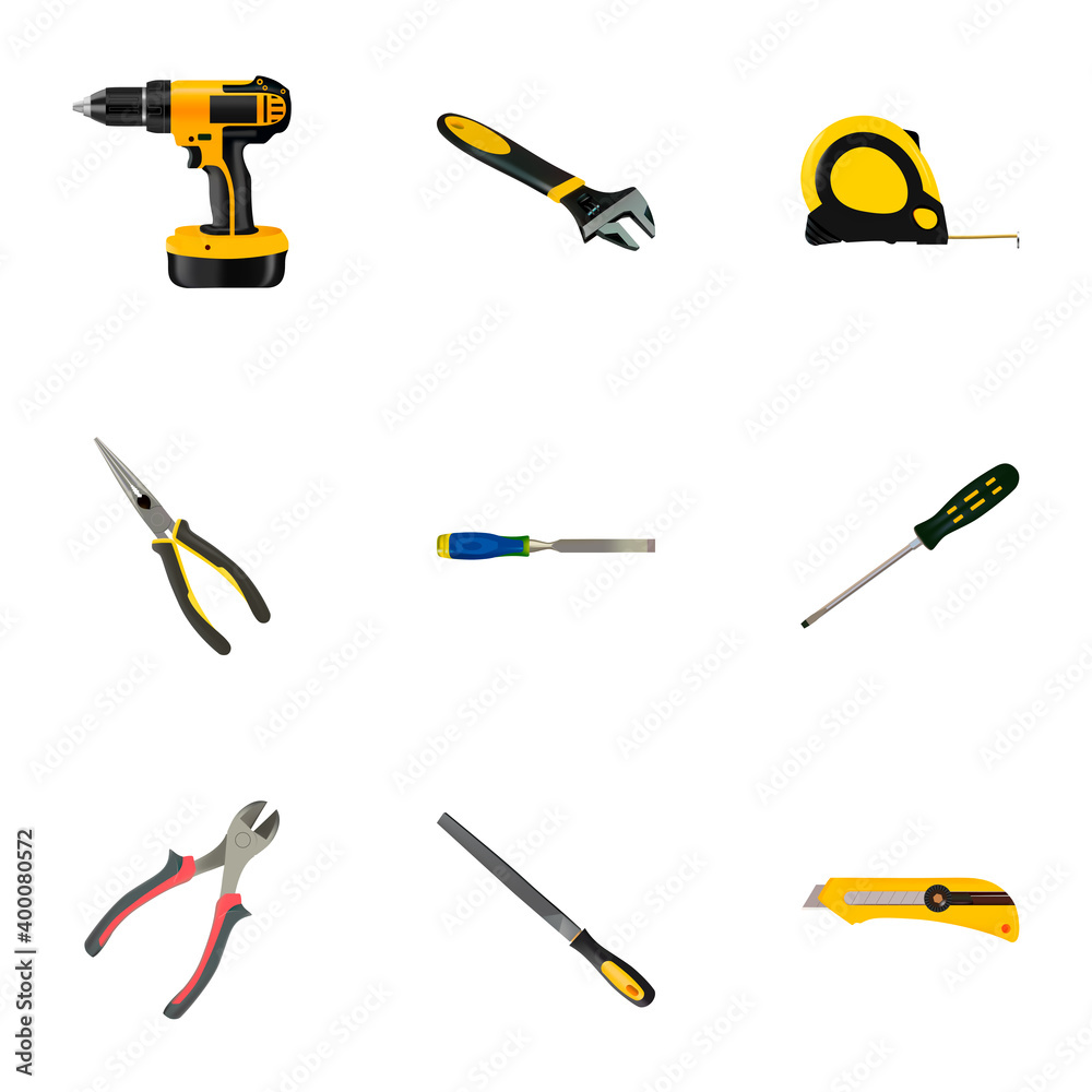 Set of tools realistic symbols with long-pliers, carpenter, drill and ...