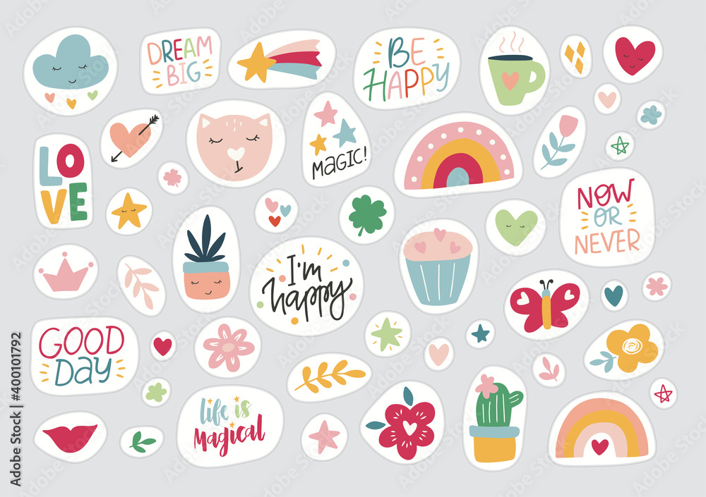 Stickers flat vector illustration. Trendy hand drawn rainbow collection ...