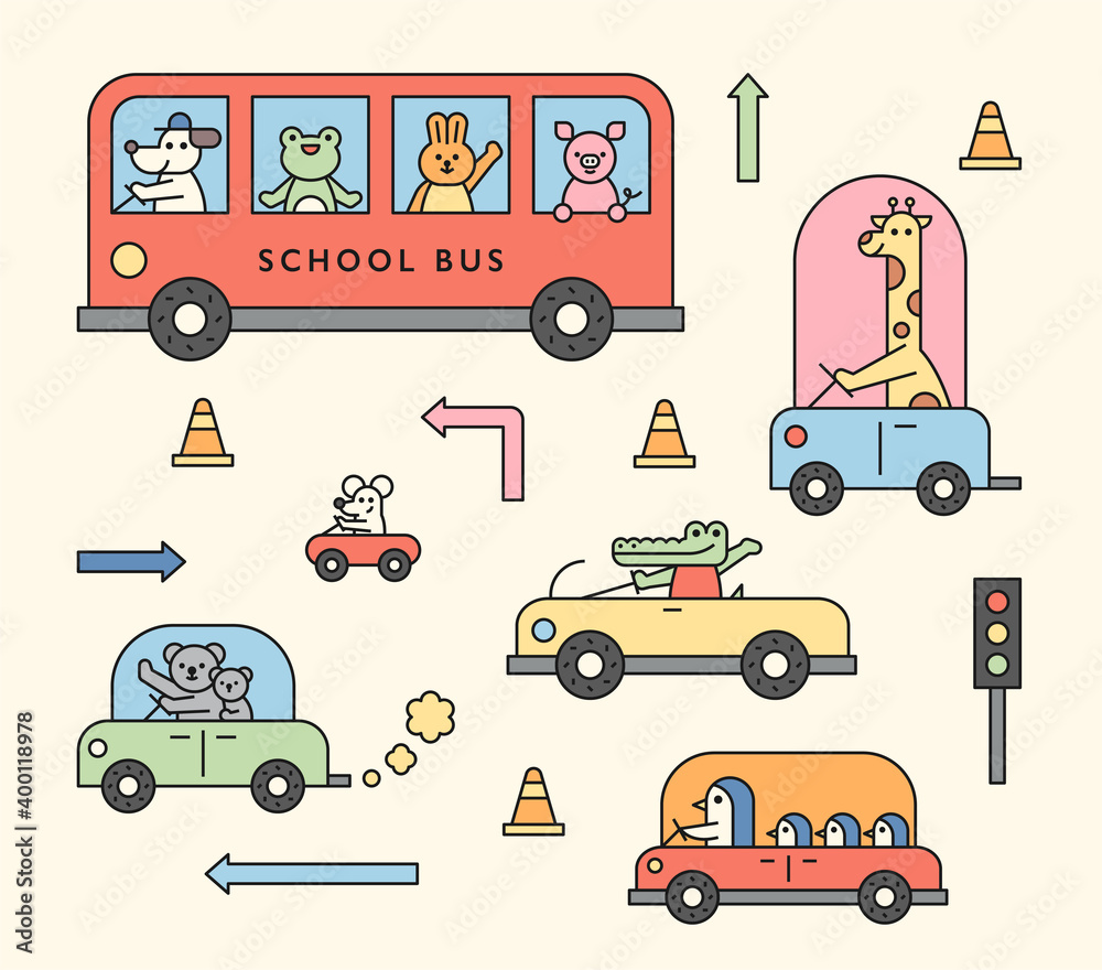 Cute animals are driving cars. flat design style minimal vector ...