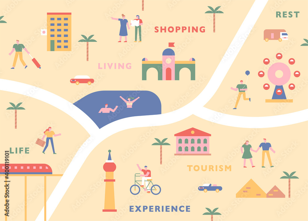 Tourism map concept. Touristic icons and tourists on the map. flat ...