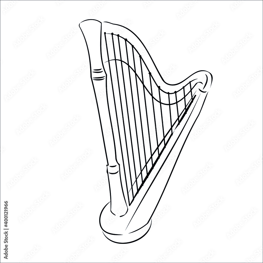 Harp vector. black and white drawing, outline. EPS 10. sketch. musical ...