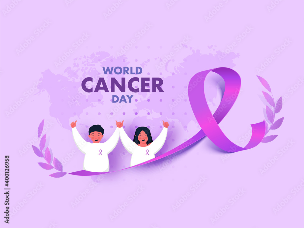 World Cancer Day Concept With Cross Awareness Ribbon, Cartoon Boy And ...