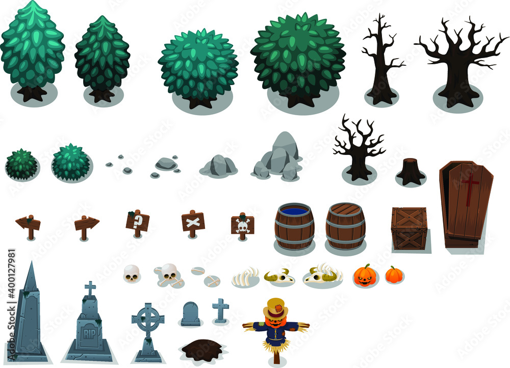 Set of graveyard objects and plants Stock Vector | Adobe Stock