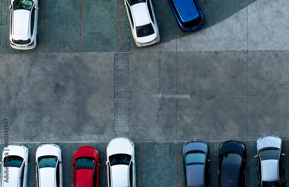 Top view concrete car parking lot. Aerial view of car parked at car ...
