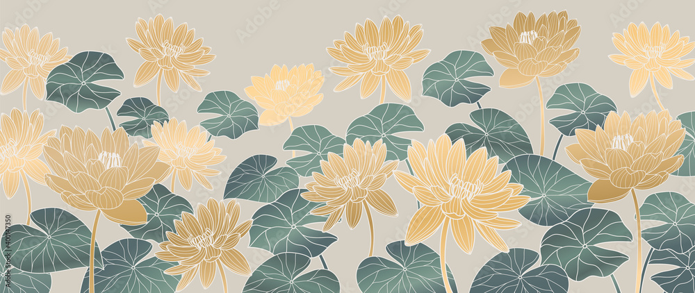 luxury Gold lotus wallpaper design vector, Lotus wall arts, Golden ...