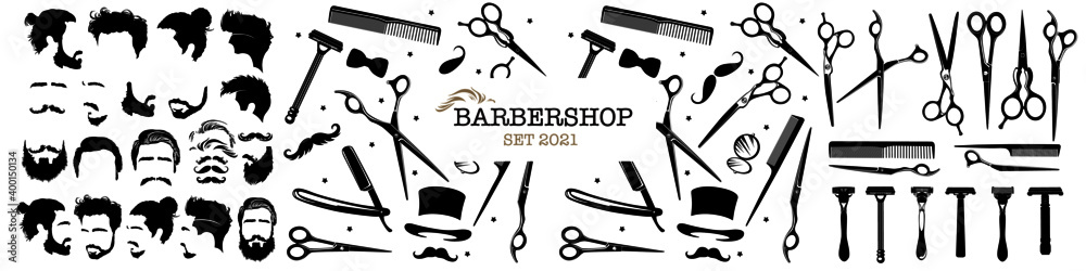 Set of barbershop symbols. Hair salon signs with haircuts and barber ...