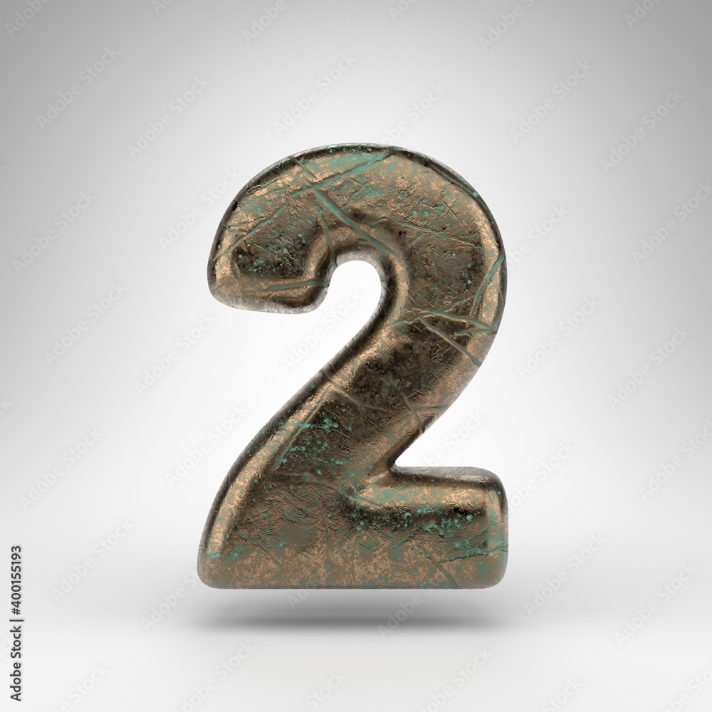 Number 2 on white background. Bronze 3D number with oxidized scratched ...