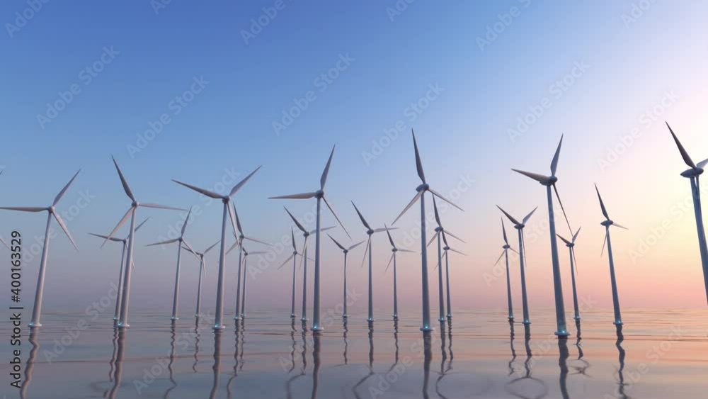 Wind power plants in Sea at beautiful Sunrise. Footage in Ultra HD 4K ...