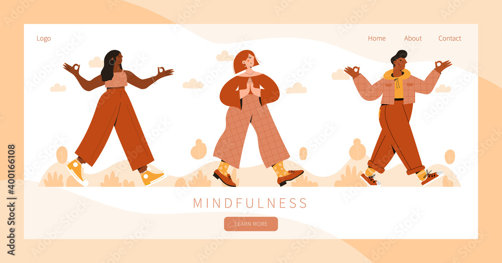 Set of people practicing mindful walking exercise in nature. Concept ...