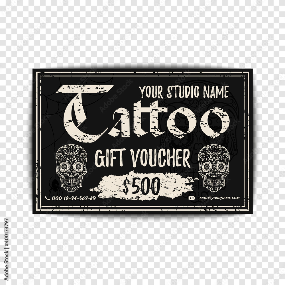 Vintage Tattoo gift voucher. Black grunge gift card with sugar rskull ...