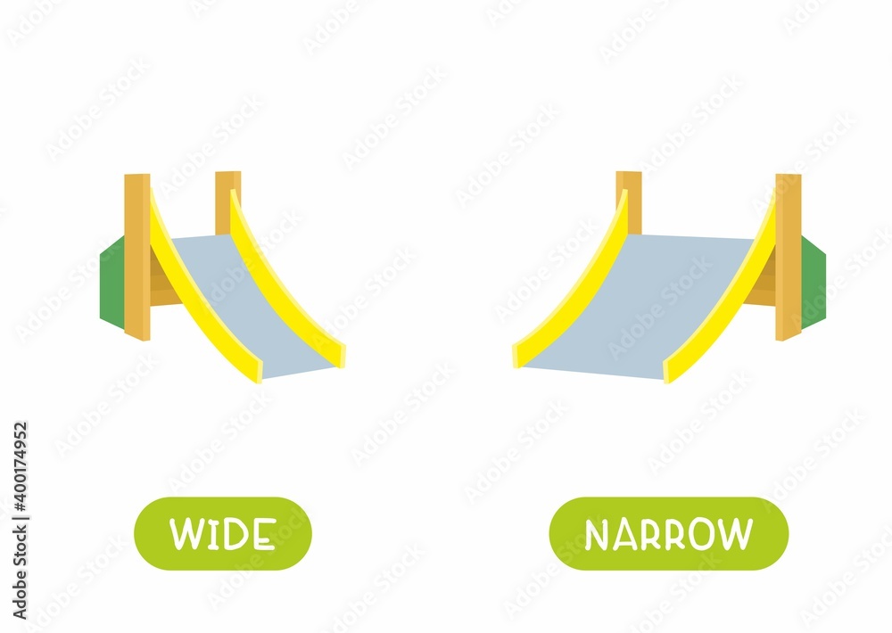 Antonyms concept, WIDE and NARROW. Educational flash card with children ...