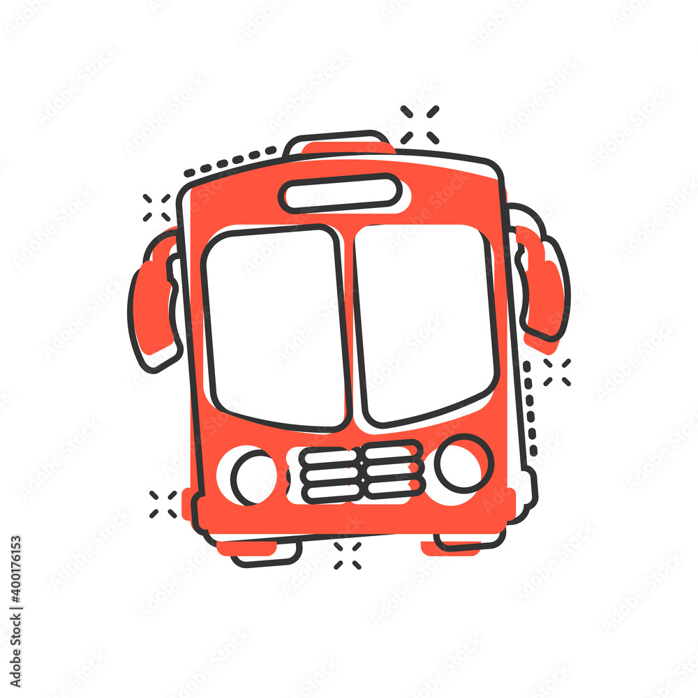 Bus icon in comic style. Coach car cartoon vector illustration on white ...