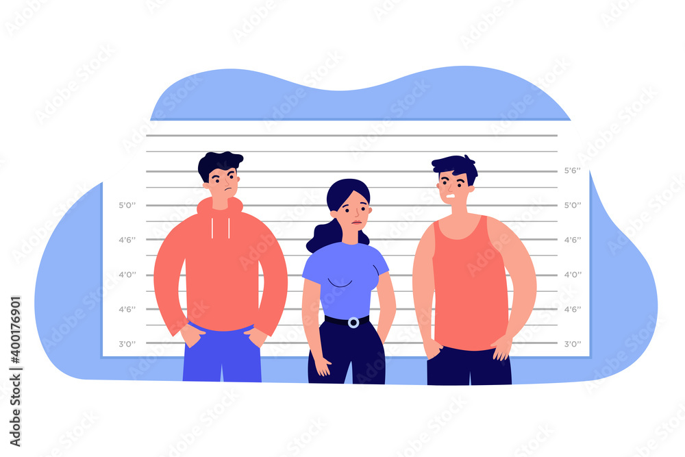 Mafia suspects standing in police lineup flat vector illustration ...