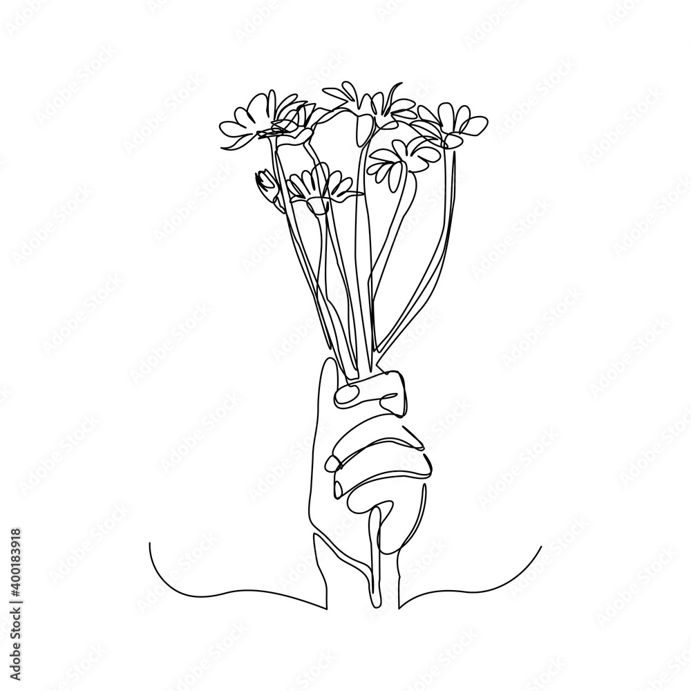 Continuous line drawing of a hand holding bouquet flower. Hand's woman ...