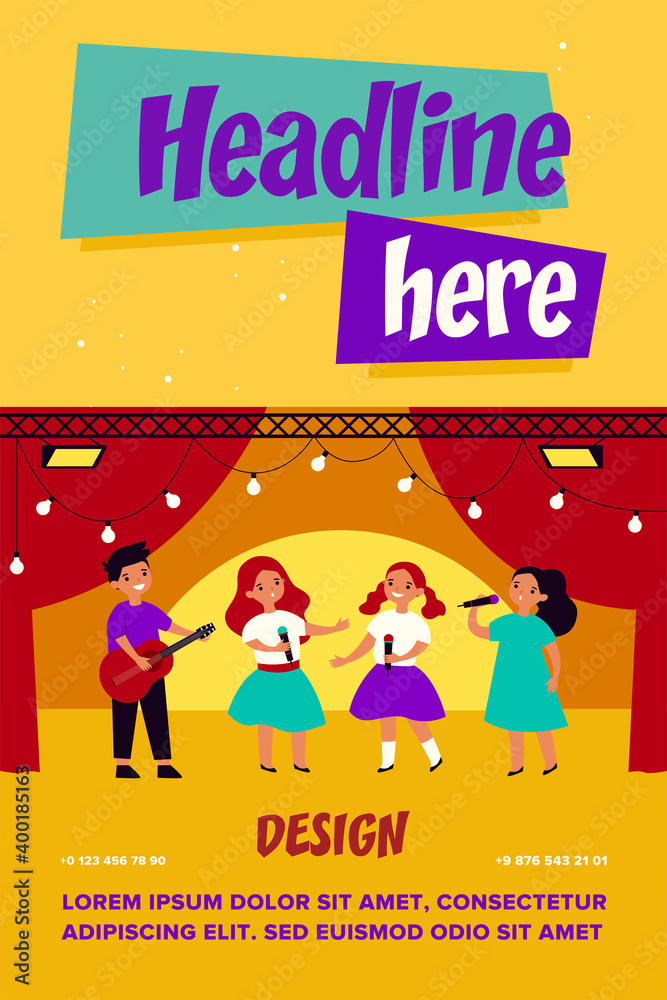 School talent show. Boy and girls singing and playing guitar on stage ...