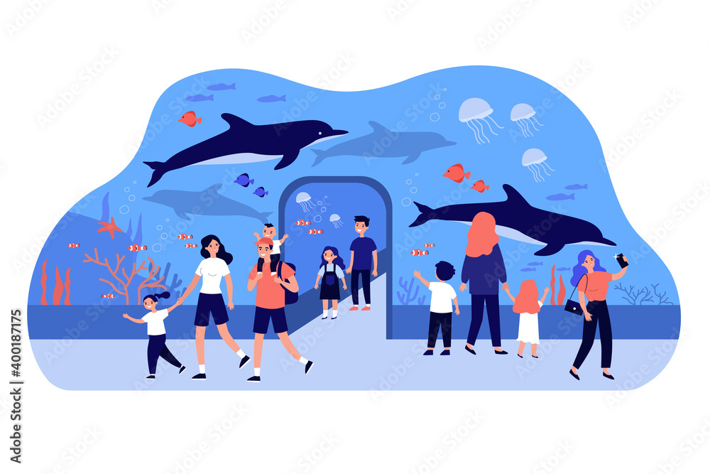Happy kids walking in oceanarium flat vector illustration. Cartoon ...