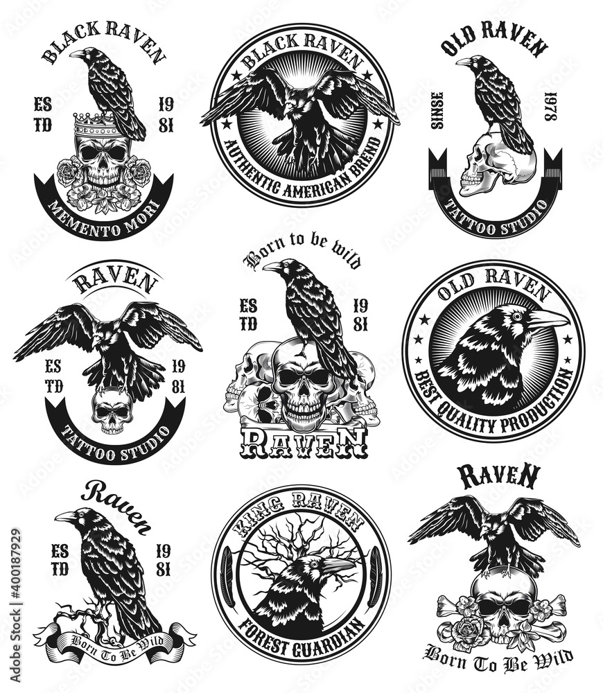 Black ravens emblems set. Monochrome design elements with human skulls ...