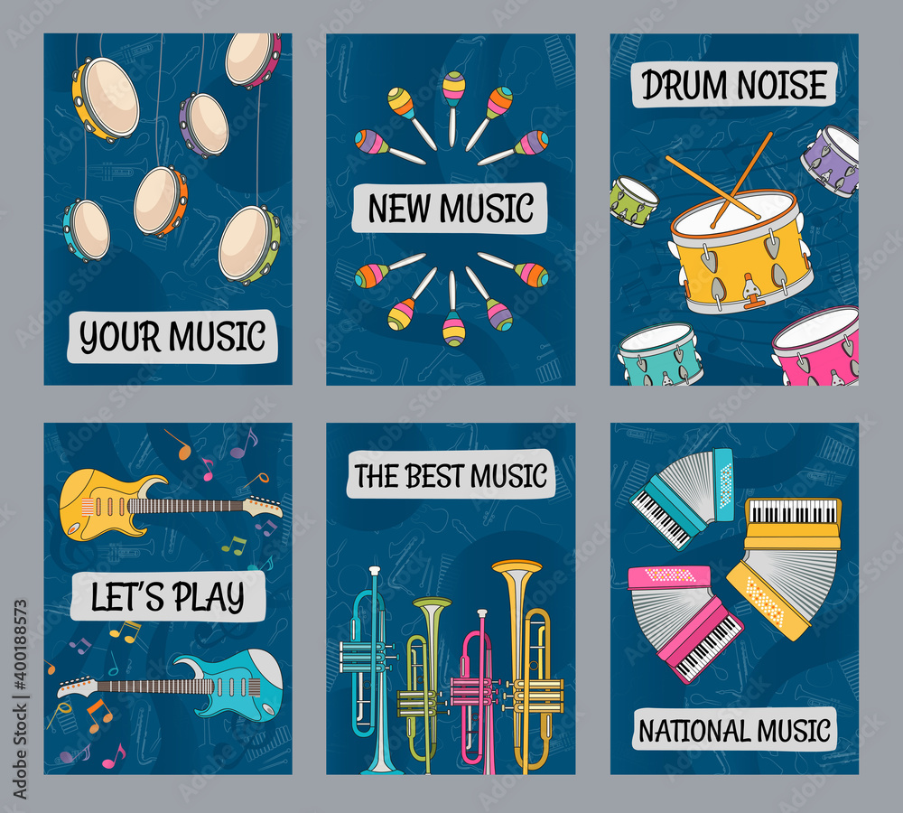 Bright brochure designs with musical instruments. Colored drums ...