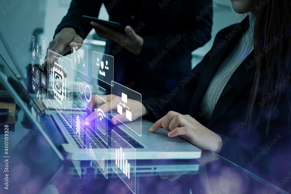 Businessman hands working on network and digital finance marketing ...